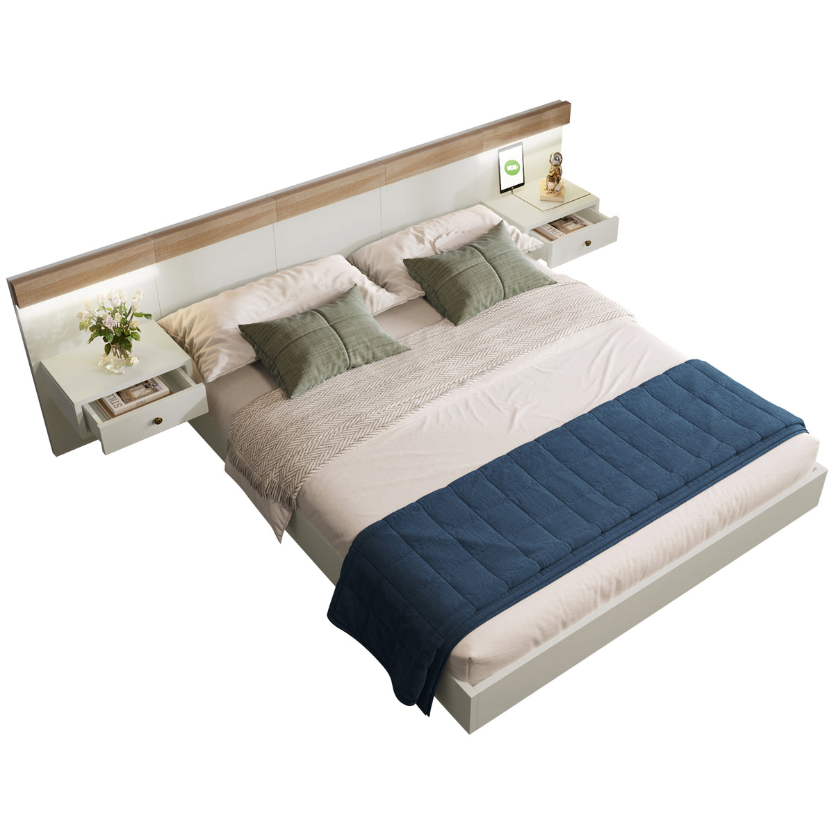 Double bed 140x200 cm with box spring, headboard and 2 LED bedside tab ...