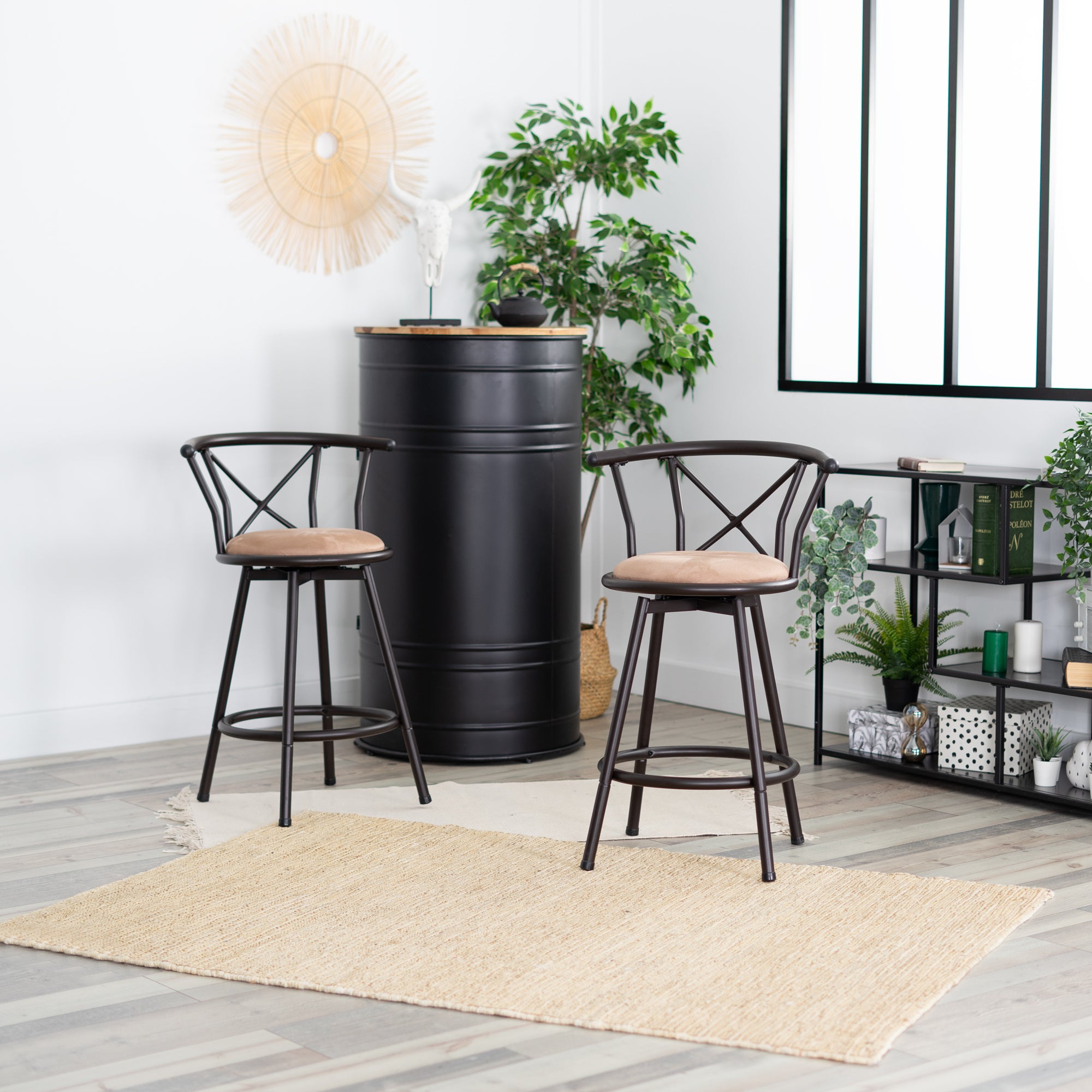 Set of 2 Industrial style kitchen bar stools with mocha colored metal Meubles Cosy